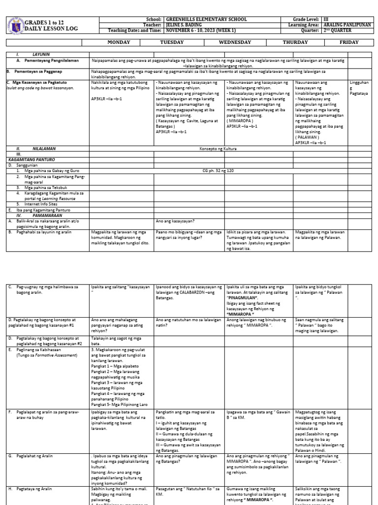 DLL - Araling Panlipunan 3 - Q2 - W1 | PDF