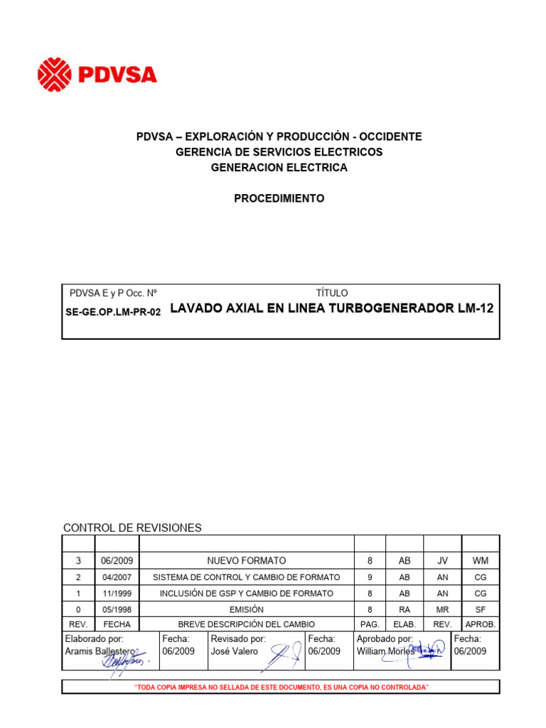 SE-GE - op.LM-PR-02 Lavado Axial en Linea Turbogenerador LM-12 | PDF | Generador eléctrico | Turbina