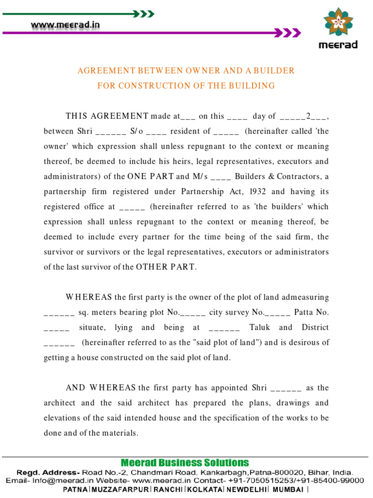 Builder-Owner Construction Agreement | PDF | Arbitration | Architect