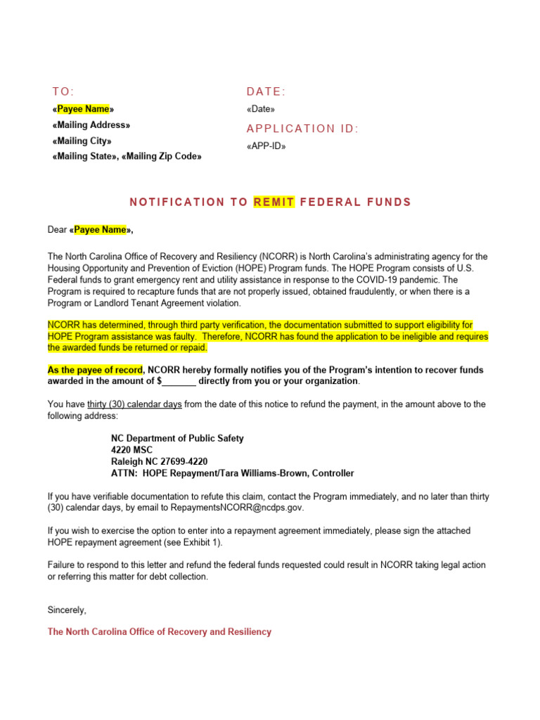 NC Recovery Fund Repayment Notice | PDF | Law