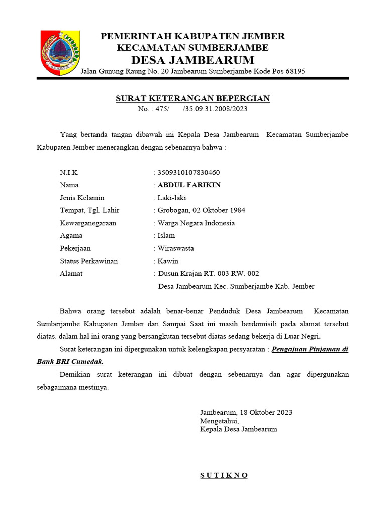 Surat Keterangan Bepergian | PDF
