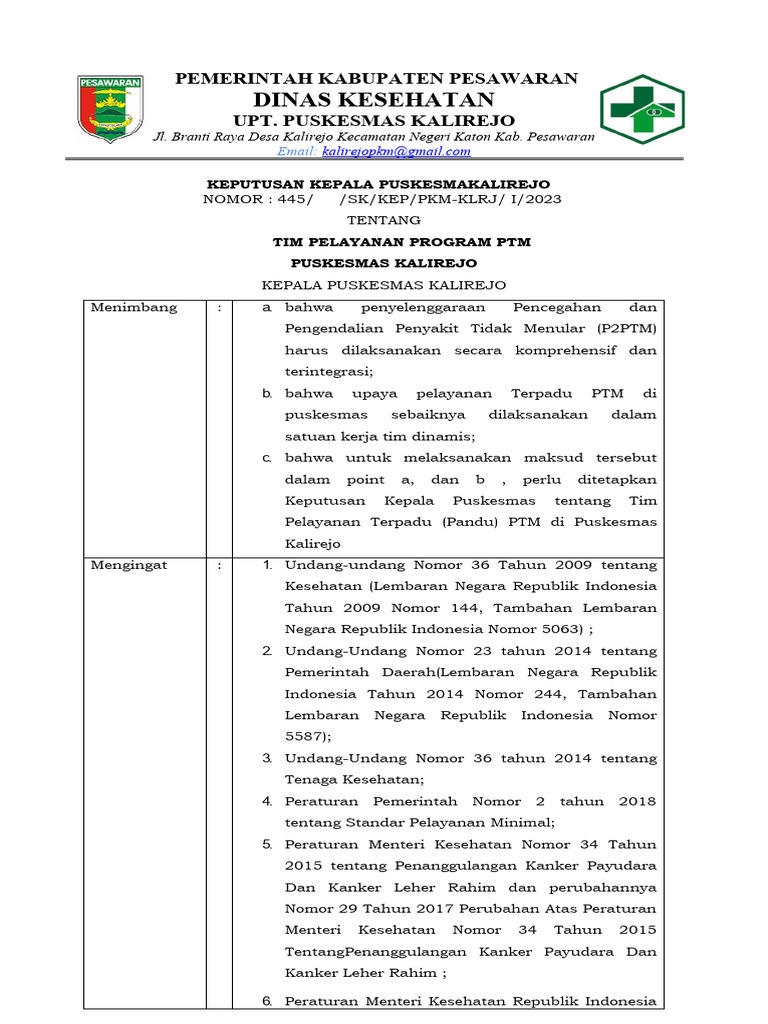 SK Tim PTM Puskesmas Kalirejo 2023 | PDF