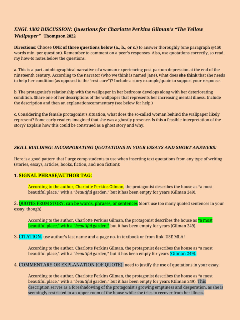 The Yellow Wallpaper Questions Rev 21 | PDF | The Yellow Wallpaper