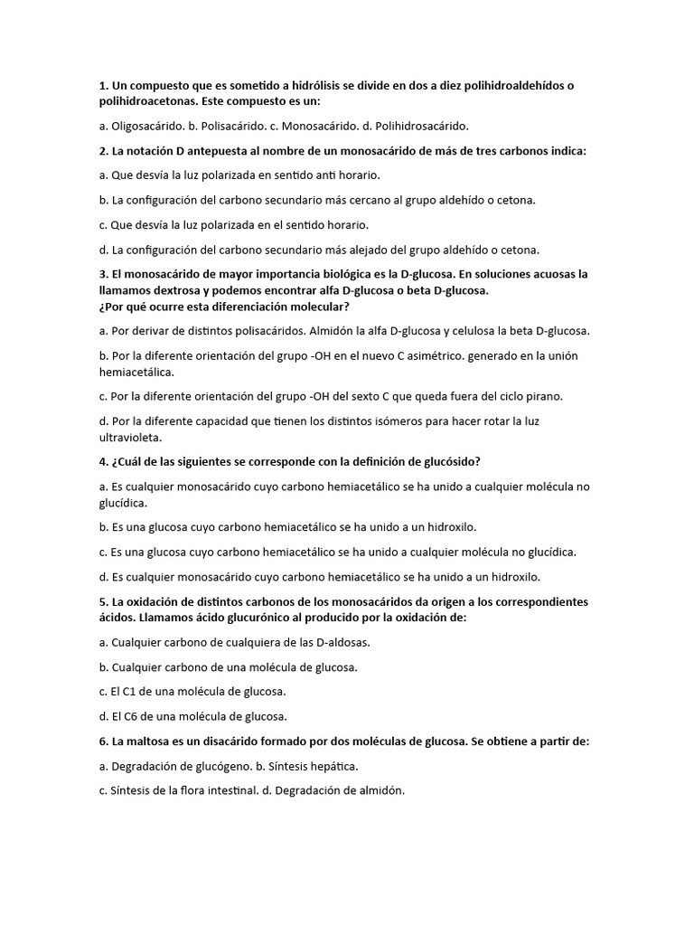 Cuestionario de Bioquímica de Glúcidos | PDF | Carbohidratos | Glucosa