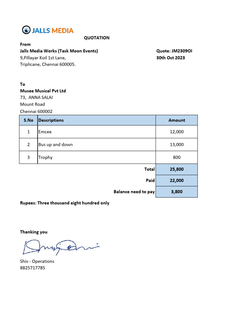 Quotation for Musee Musical Services | PDF