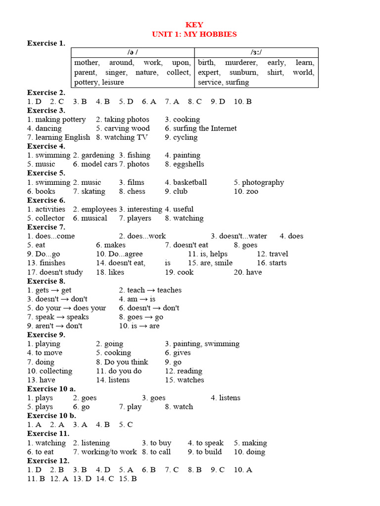 Exercise 1. /Ə / /ɜ:/: KEY Unit 1: My Hobbies | PDF | Traffic Congestion | Foods