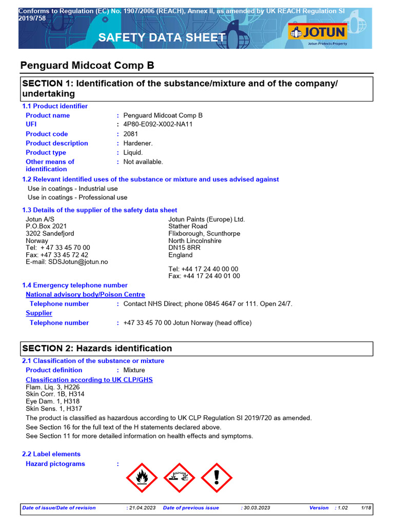 Penguard Midcoat Comp B Safety Data Sheet | PDF | Personal Protective ...