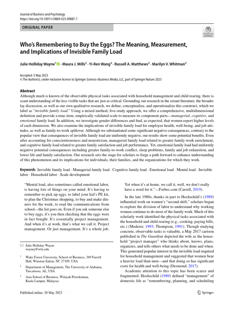 Invisible Family Load: Impact on Well-Being | PDF | Validity ...
