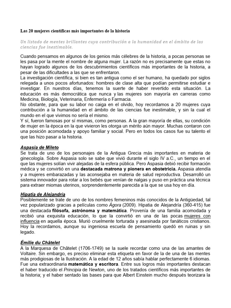 Las 20 Mujeres Científicas Más Importantes de La Historia | PDF ...