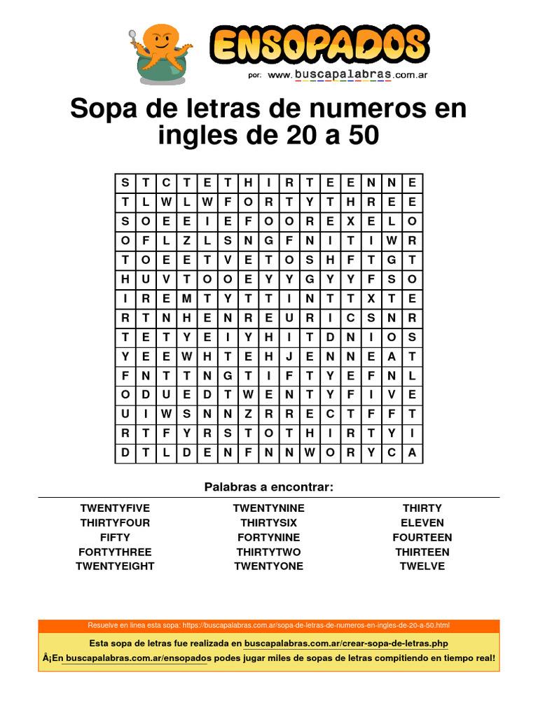 Sopa de Letras de Numeros en Ingles de 20 A 50 | PDF