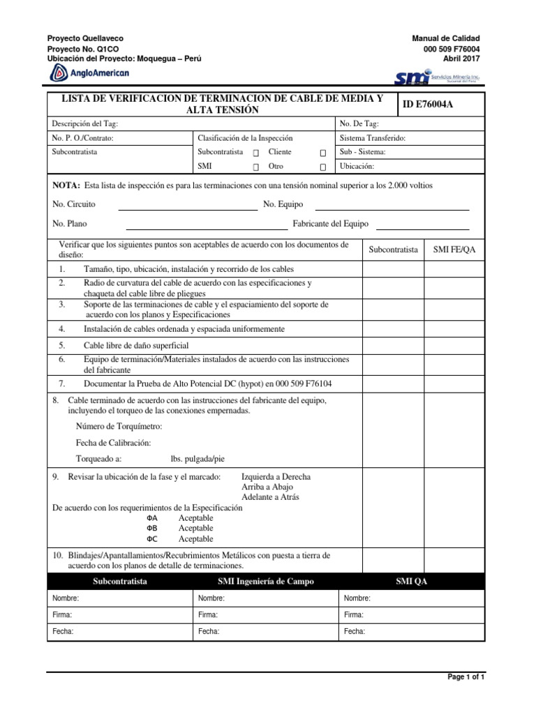 Verificación de Terminación de Cable de Media y Alta Tensión | PDF | Electricidad | Ingenieria ...
