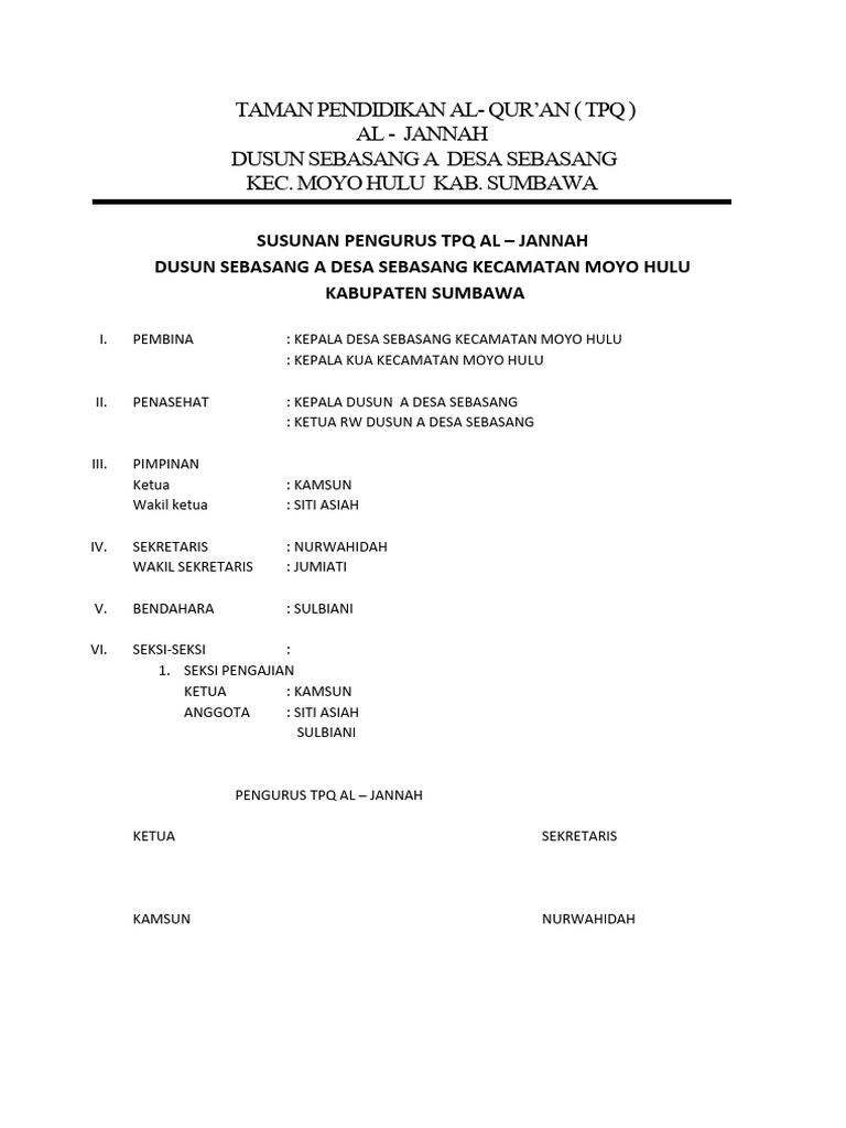 Susunan Pengurus TPQ | PDF