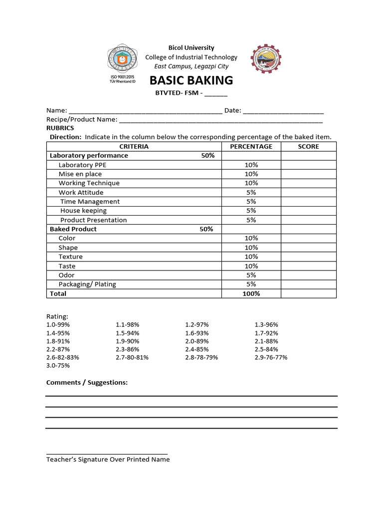 BASIC BAKING Rubrics | PDF