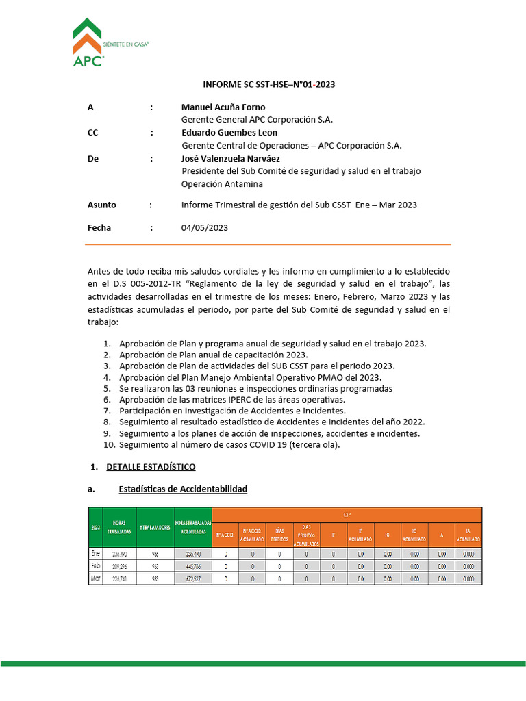 Informe Trimestral GT HSE N°T01 | PDF