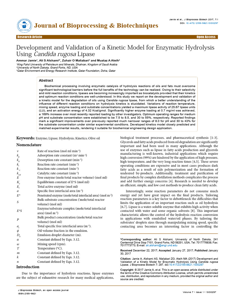 Development and Validation of A Kinetic Model For Enzymatic ...