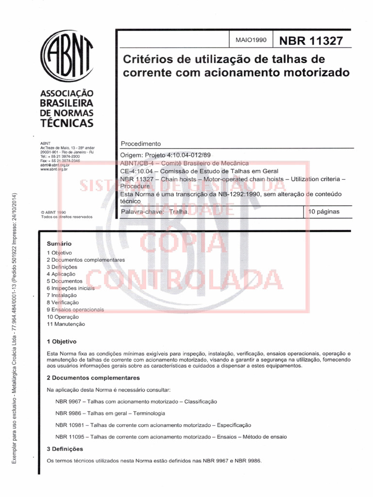 NBR 11327 Criterios de Utilizacao de Talhas de Corrente Com Acionamento ...