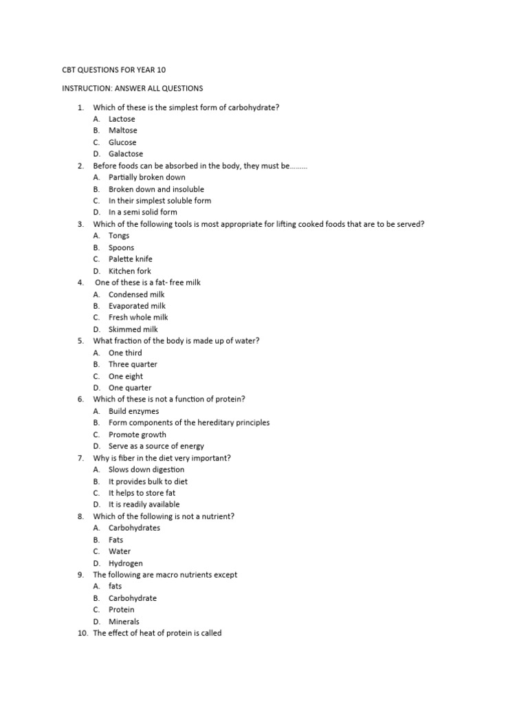 New CBT Questions For Year 10 First Term Exam | PDF | Foods | Nutrition