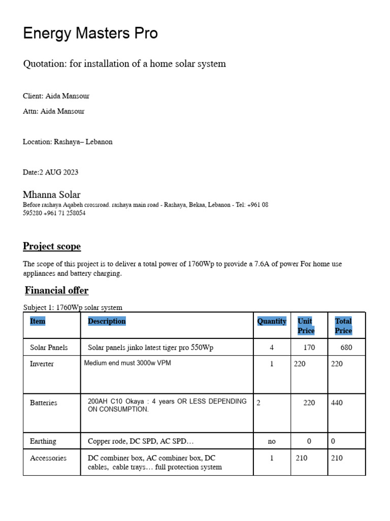 Quotation of Aida Mansour | PDF | Photovoltaic System | Photovoltaics