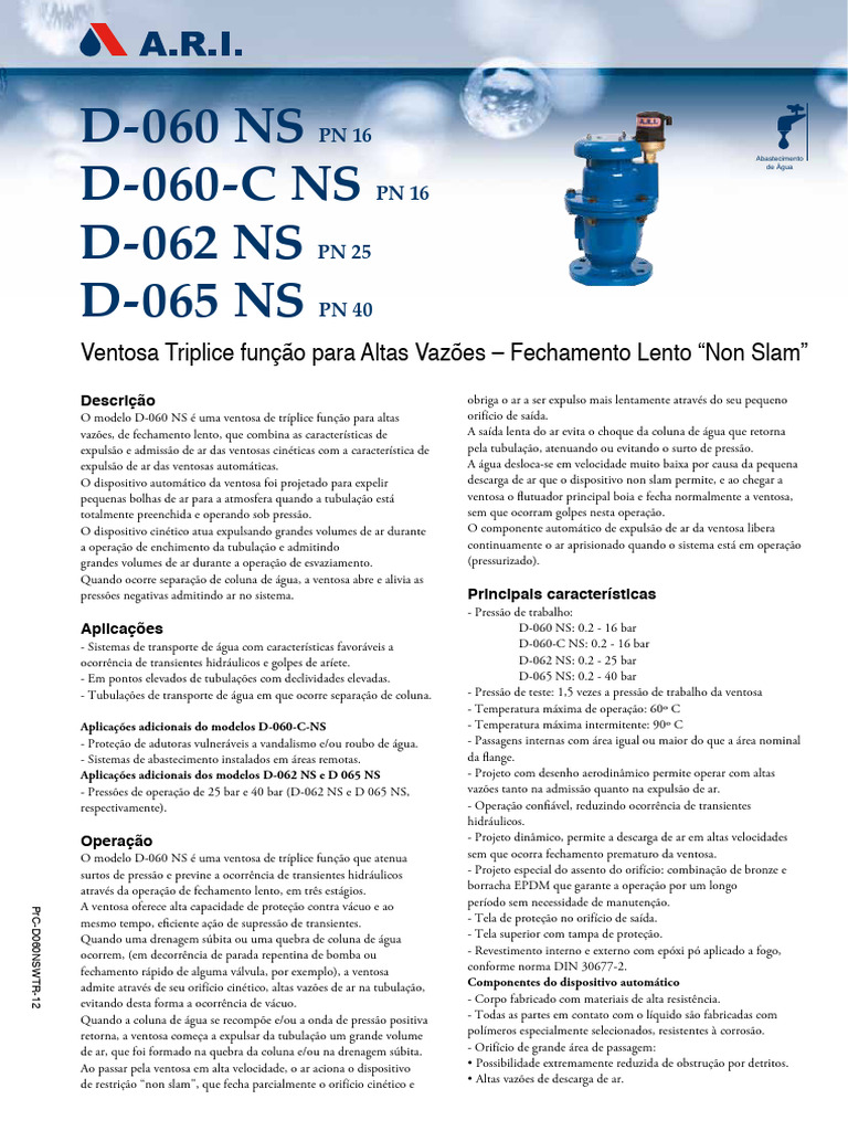 ARI-Válvula Ventosa FL NS | PDF | Pressão | Materiais