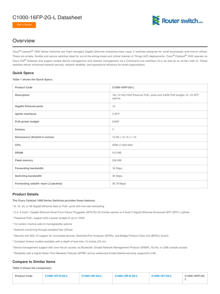c1000 16fp 2g L Datasheet | Download Free PDF | Network Switch | Ethernet