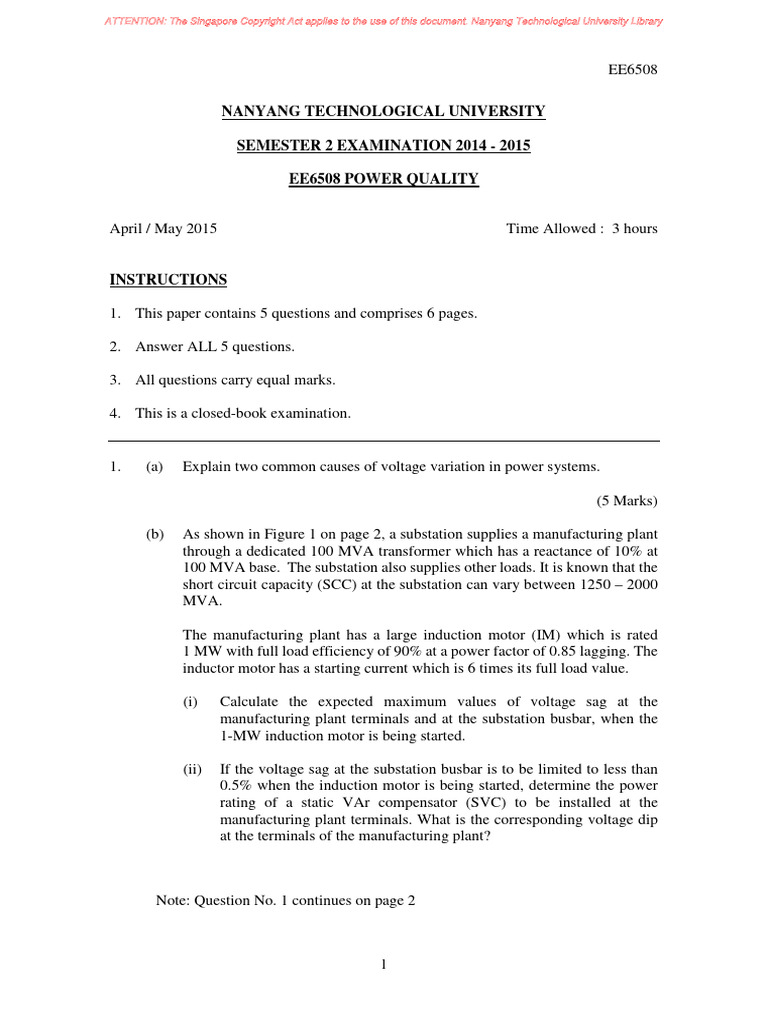 EE6508 2014-2015 Semester 2 | PDF | Capacitor | Transformer