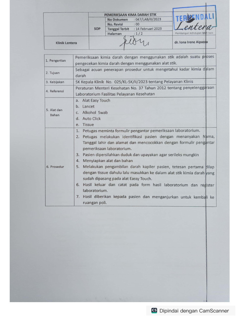 SOP Pemeriksaan Kimia Darah Stik - 047 | PDF