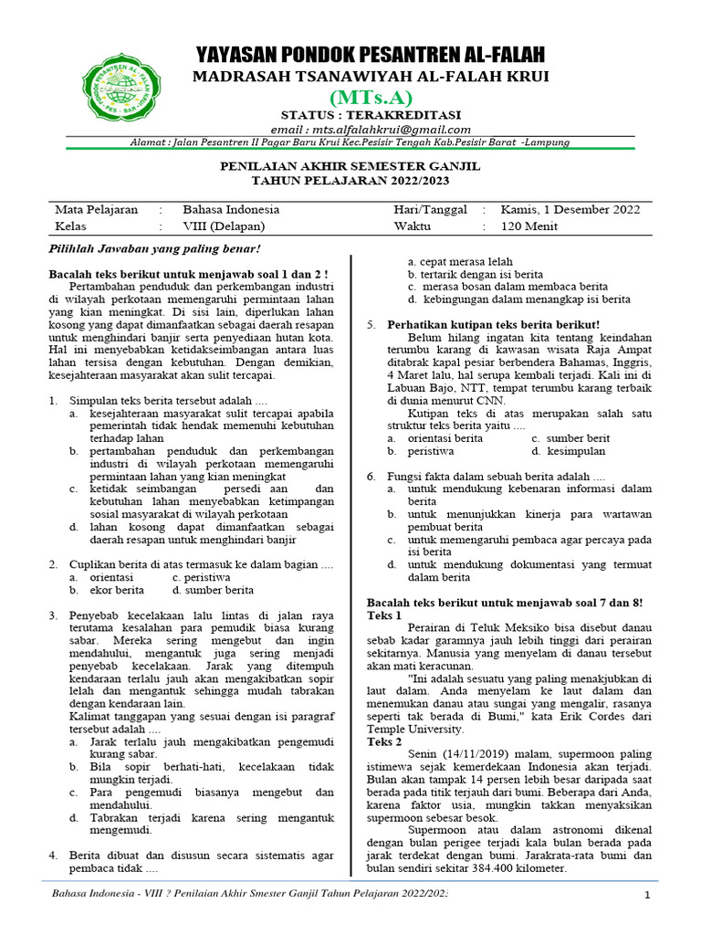 Penilaian Akhir Semester MTs Al-Falah | PDF