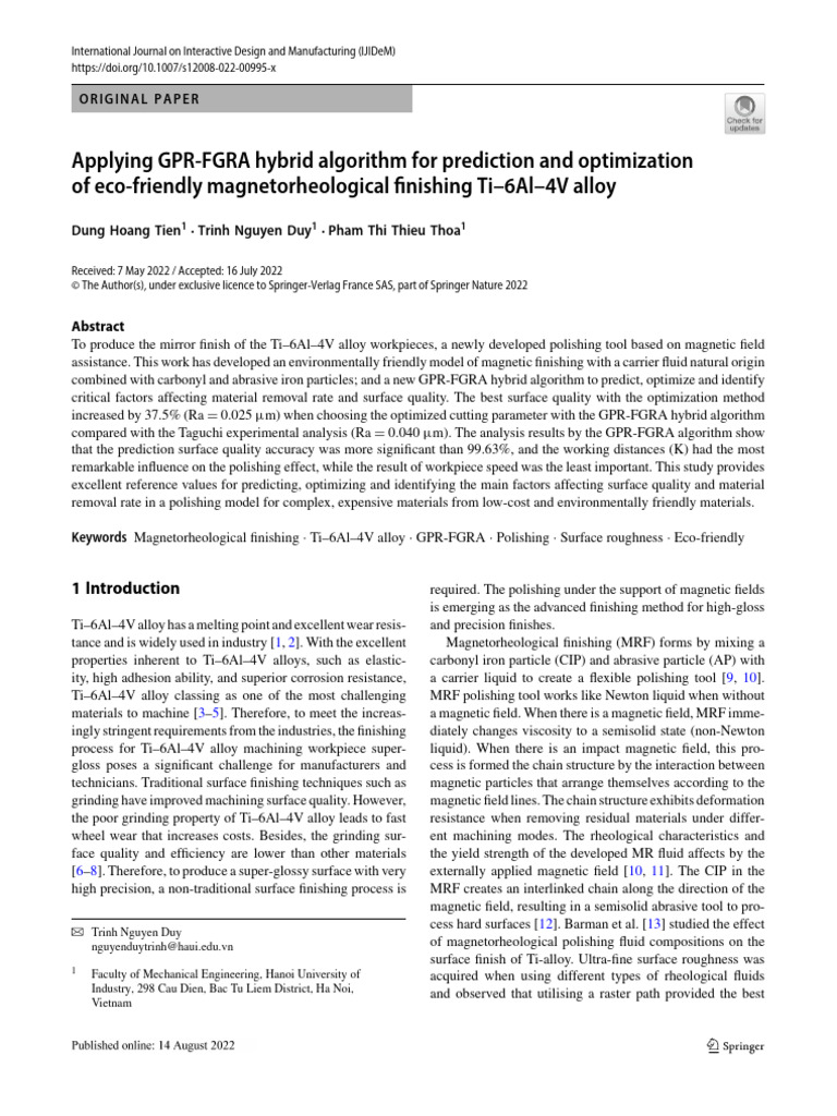 Applying GPR-FGRA Hybrid Algorithm For Prediction and Optimization of ...