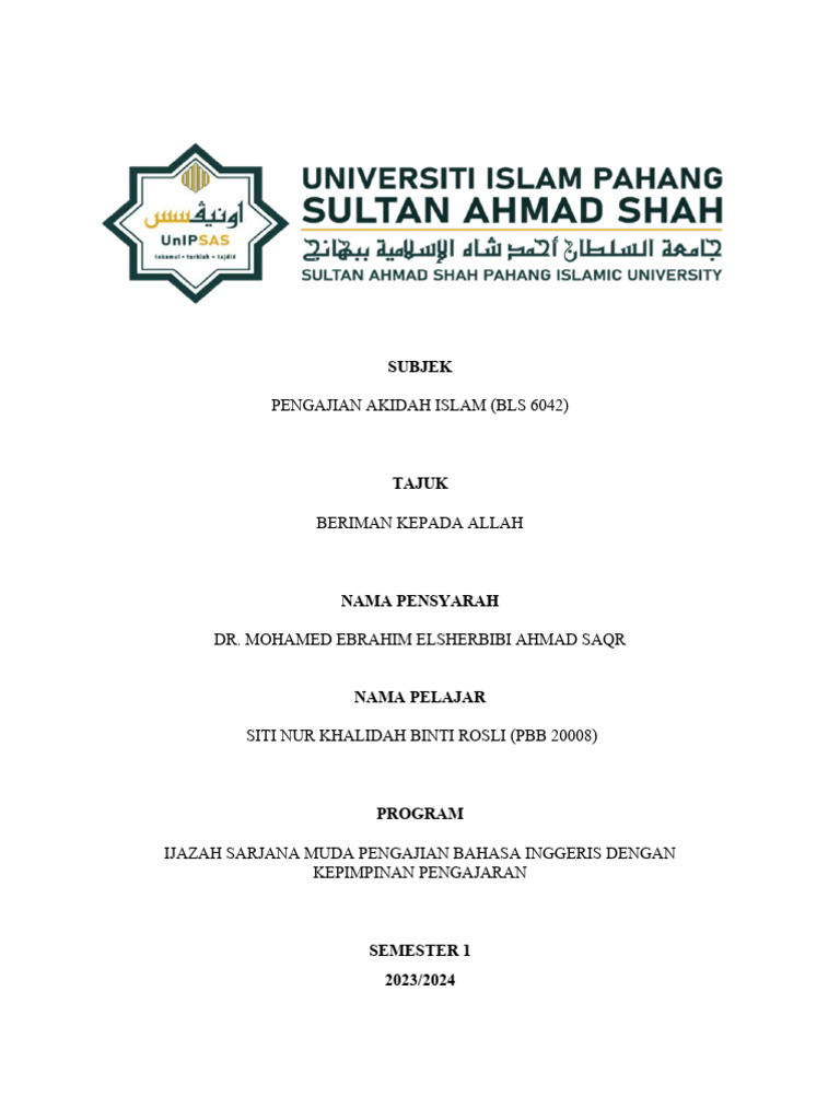 Assignment Pengajian Akidah Islam (Khalidah) | PDF