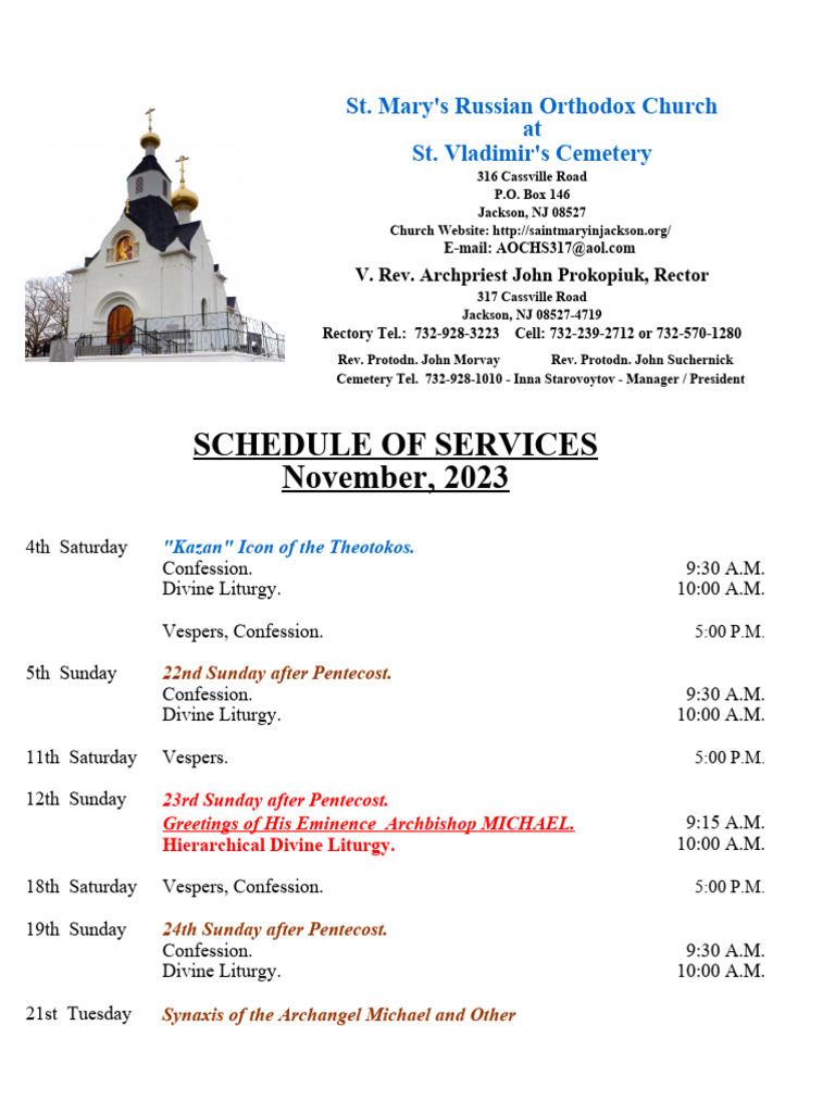 Schedule of Divine Services - November, 2023 | PDF | Christian ...