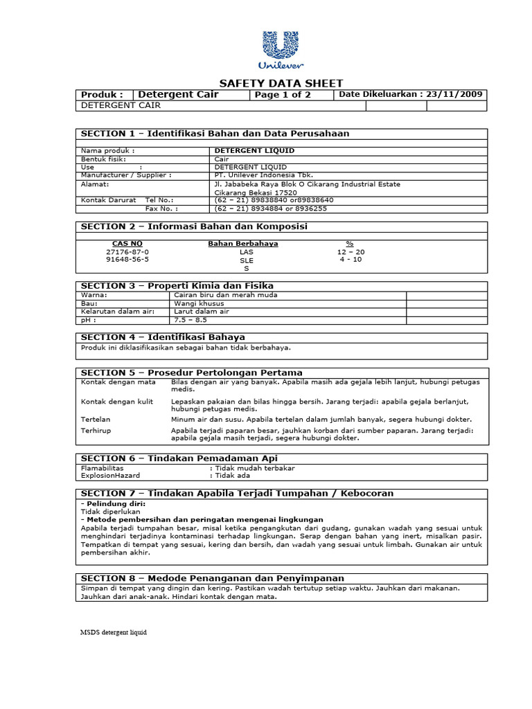 Msds Deterjen Cair Id | PDF