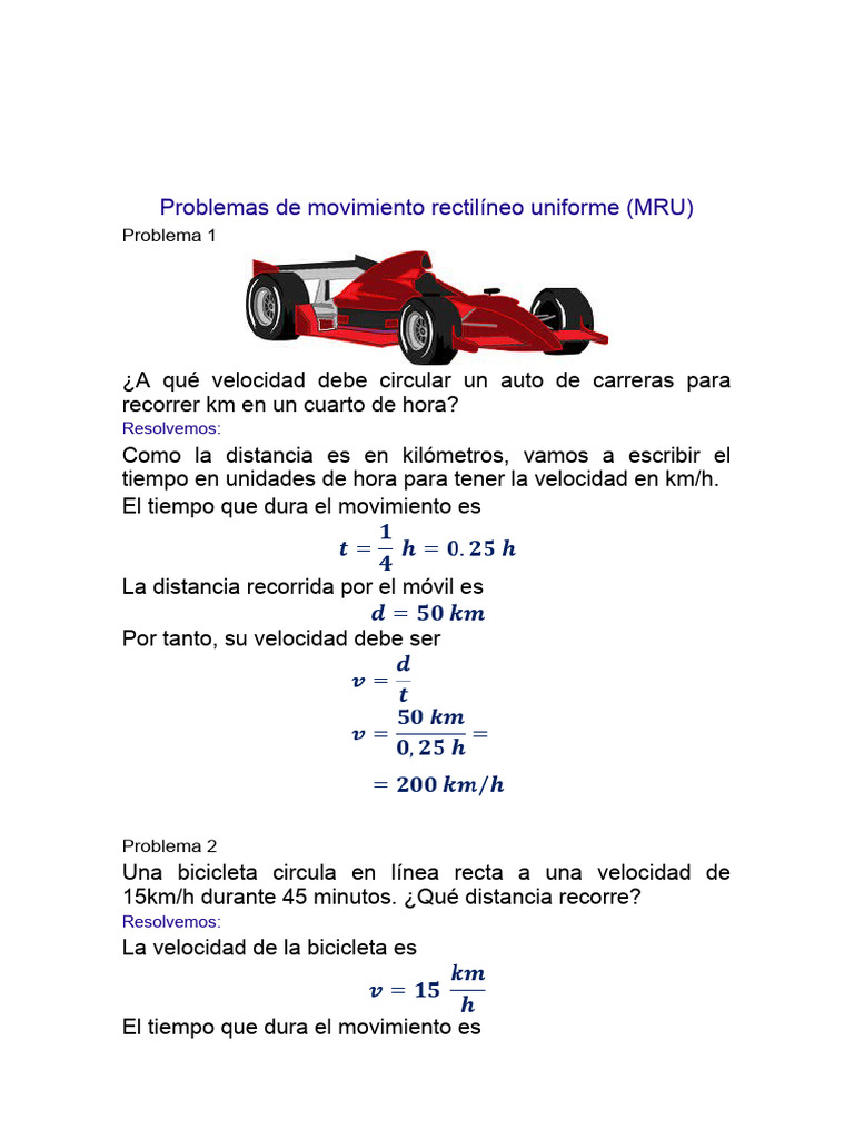 Problemas de Movimiento Rectilíneo Uniforme (MRU) : Problema 1 | PDF ...