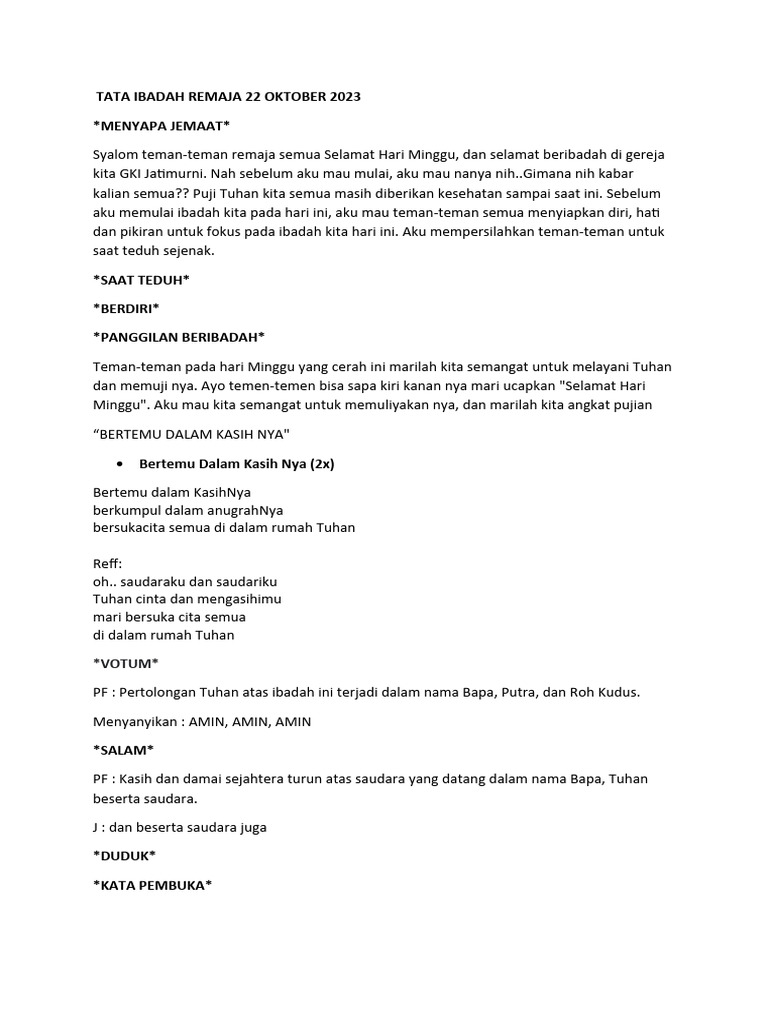 Liturgi Ibadah Remaja 22 Oktober 2022 | PDF