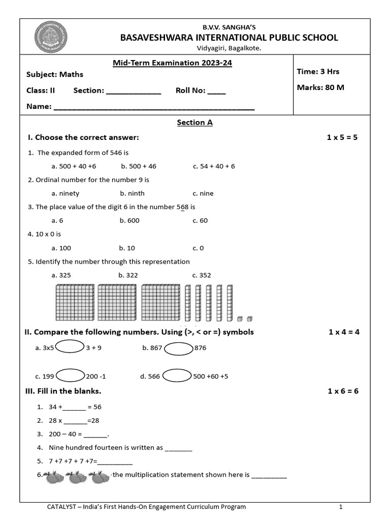Class II Maths Mid-Term Exam | PDF | Mathematics