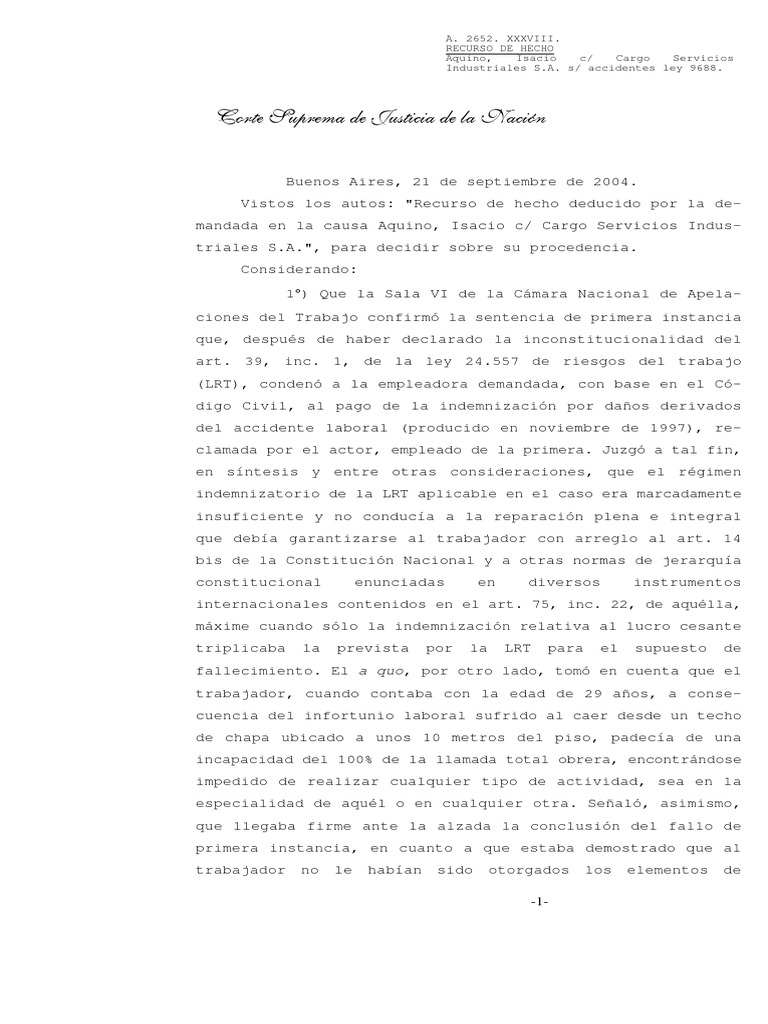 CSJN - Aquino | Descargar gratis PDF | Caso de ley | Daños y perjuicios