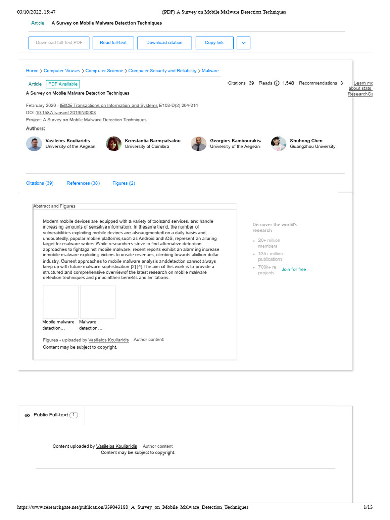 Pdf A Survey On Mobile Malware Detection Techniques Pdf Malware
