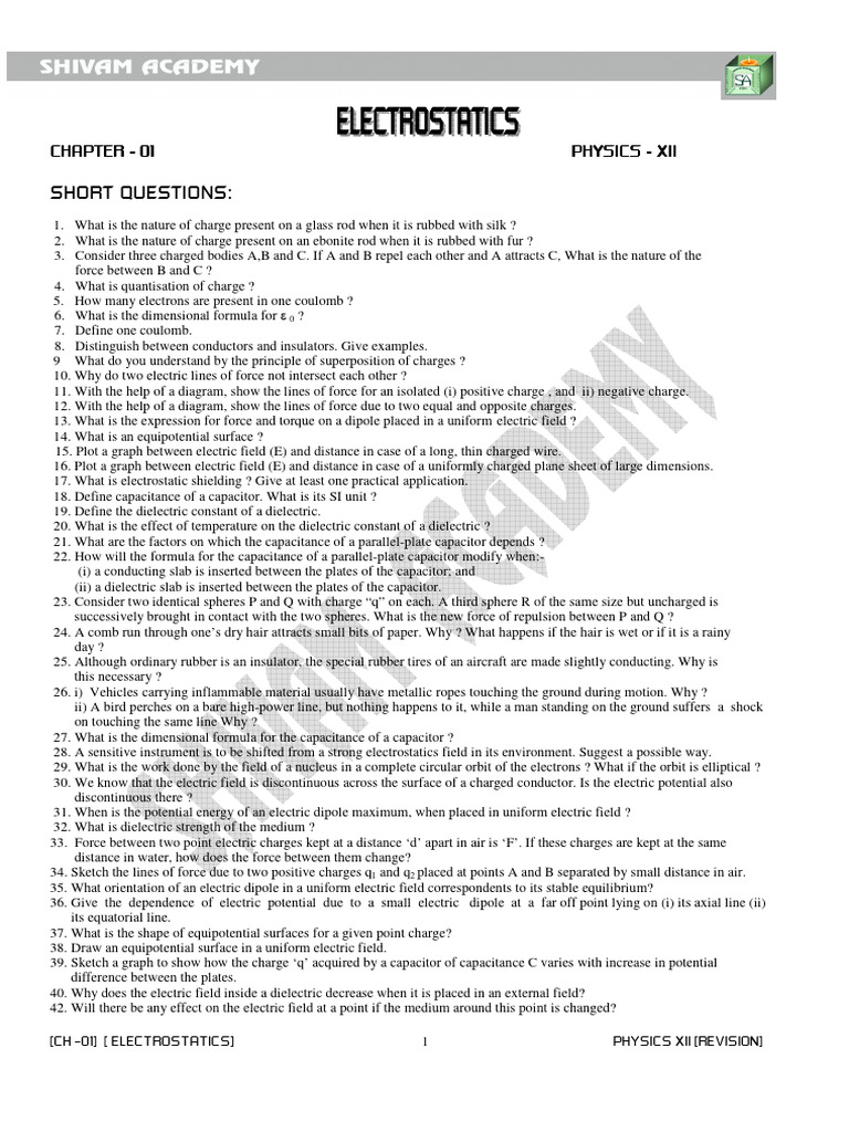 Electrostatics Revision: Physics XII | PDF | Capacitor | Capacitance