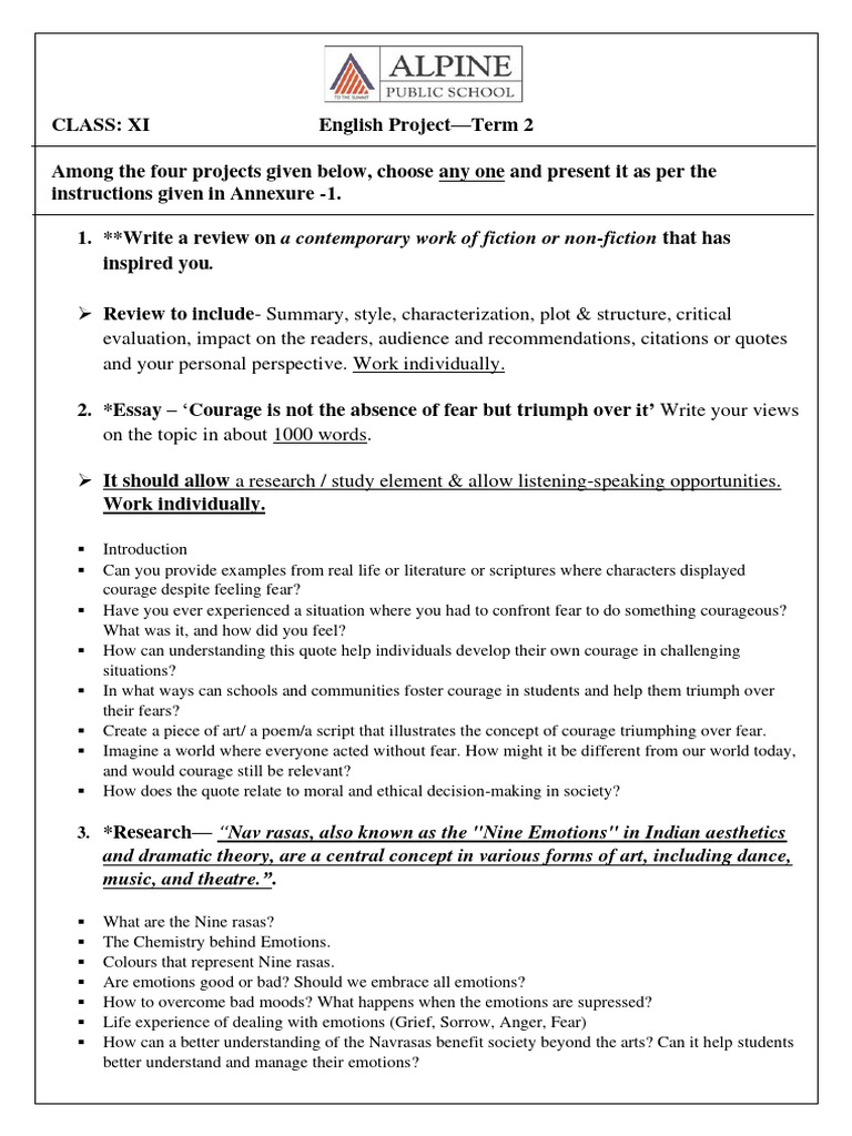 Class 11 English Project Guidelines | PDF | Courage | Cognition