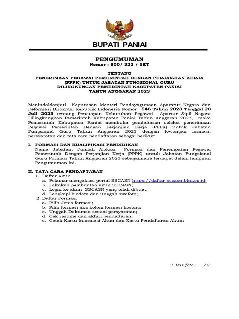 Pengumuman PPPK Guru Kabupaten Paniai 2023 | PDF