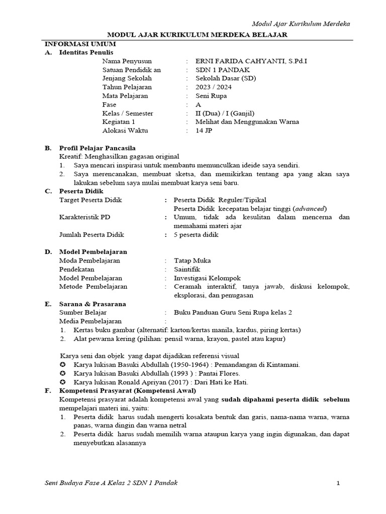 Modul Seni Rupa KLS 2 SMS 1 | PDF