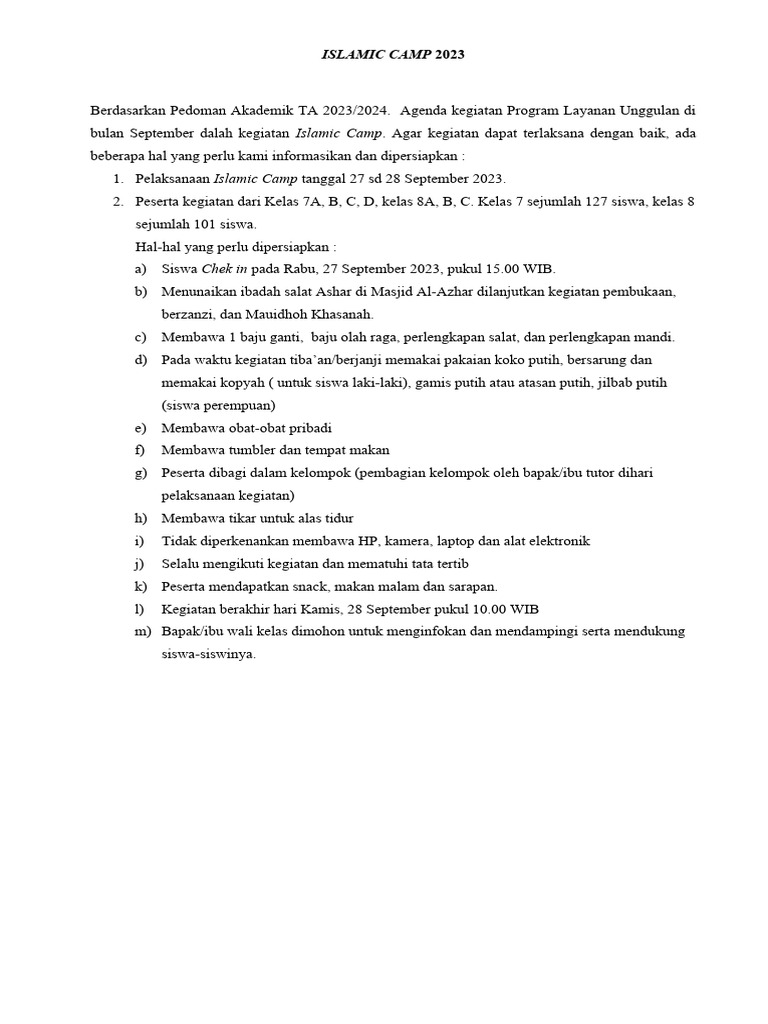 Islamic Camp untuk Siswa Kelas 7-8 | PDF