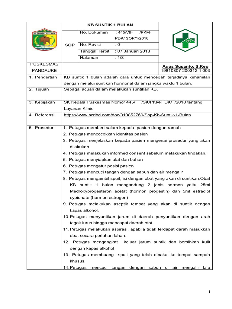 Prosedur KB Suntik 1 Bulan di Puskesmas | PDF