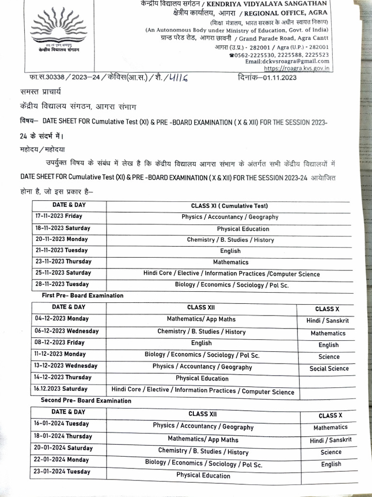 Date Sheet For Cumulative Test (Xi) & Pre - Board Examination (X & Xii ...