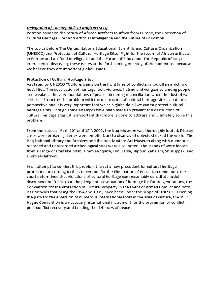 MUN Position Paper | PDF | Cultural Heritage | Iraq