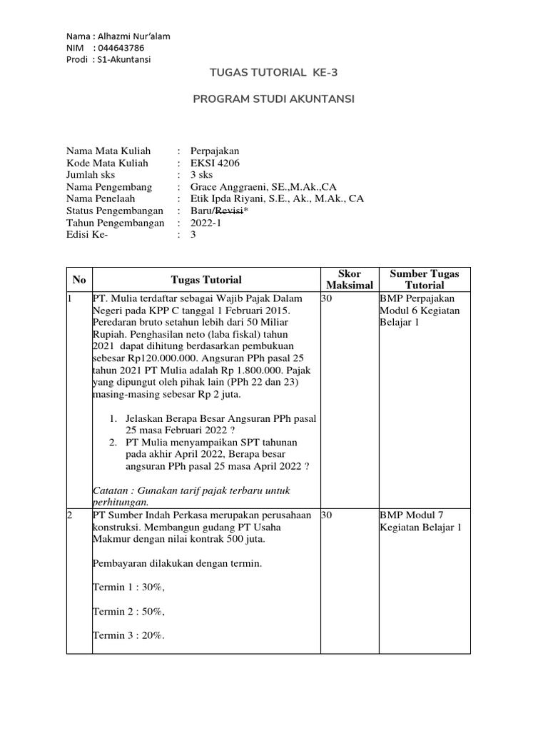 Tugas 3 Perpajakan - Alhazmi Nur'Alam - 044643786 | PDF Tugas 3 Perpajakan - Alhazmi Nur'Alam - 044643786 | PDF