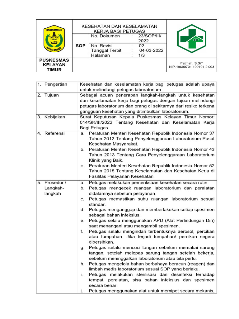 (3.9.1.3) (23) Sop Kesehatan Dan Keselamatan Kerja Bagi Petugas | PDF