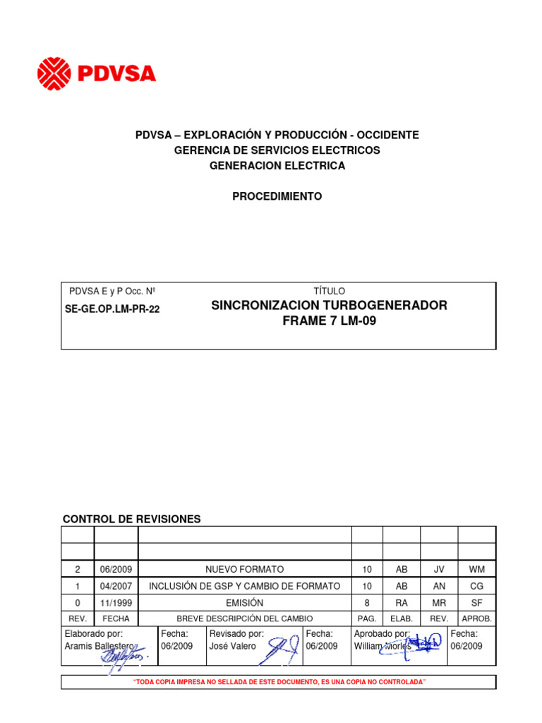 SE-GE - OP.LM-PR-22 Sincronizacion Turbogenerador Frame 7 | PDF | Ingenieria Eléctrica ...