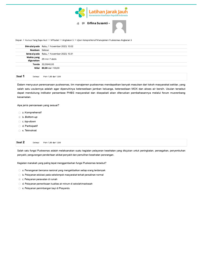 Ujian Komprehensif Manajemen Puskesmas Angkatan 5 - Remedial | PDF