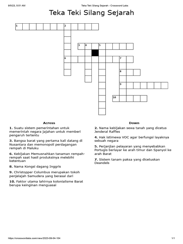 Teka Teki Silang Sejarah - Crossword Labs 1 | PDF