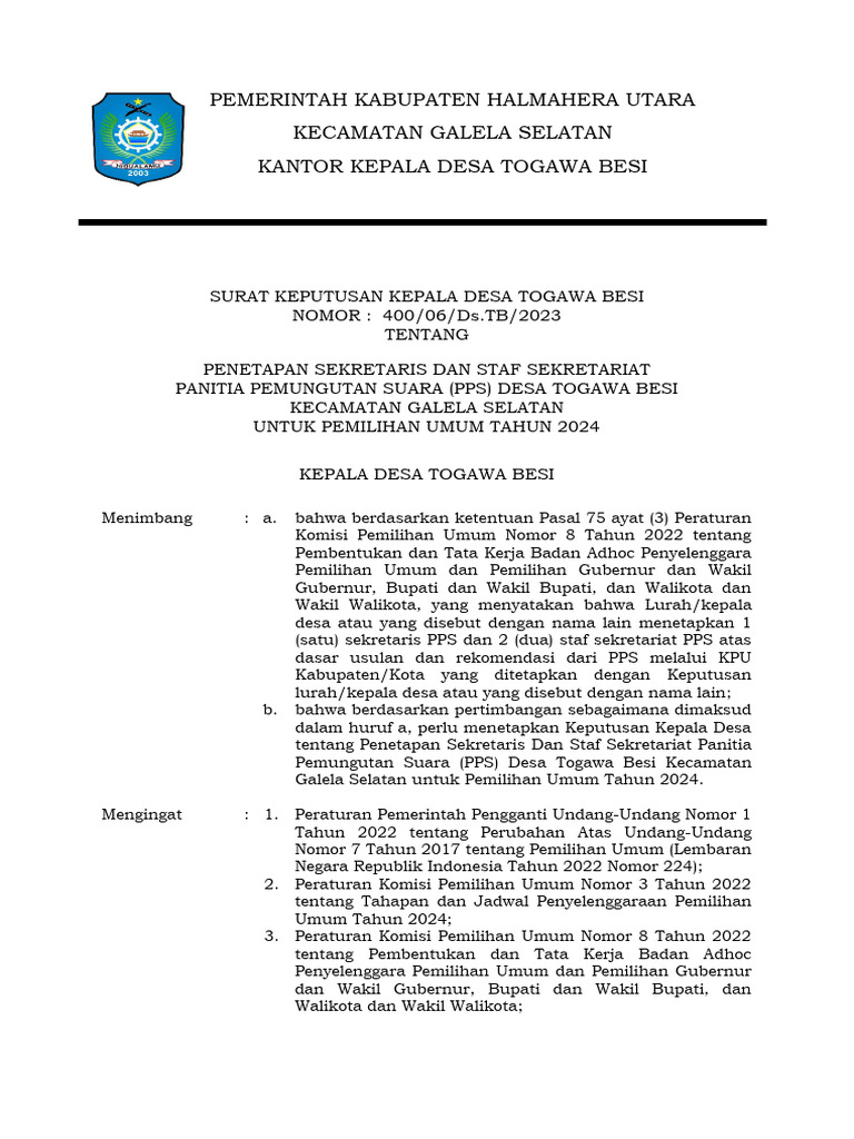 Format SK Kepala Desa Sekretariat PPS - Pemilu 2024 | PDF